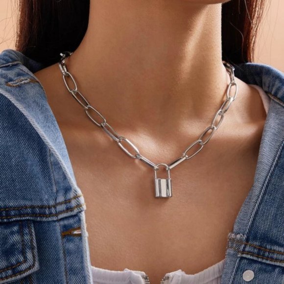 Jewelry | 33 Silver Color Link Chain Lock Charm Necklace | Poshmark